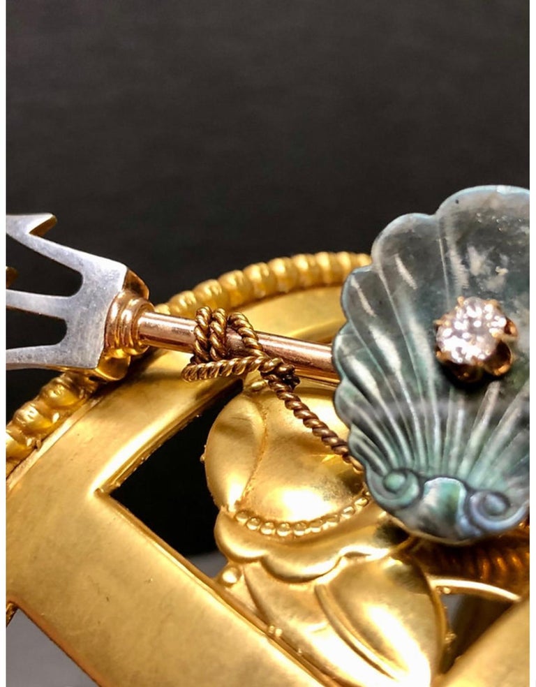 Victorian 14K Platinum Diamond Labradorite Nautical Trident Seashell ...