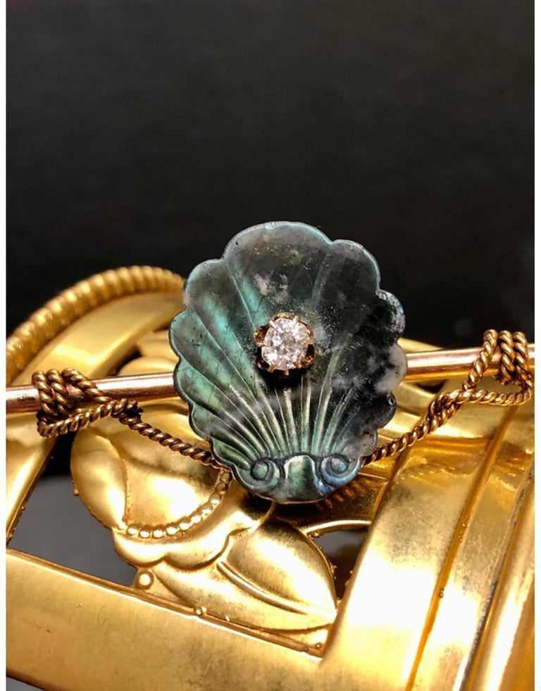 Victorian 14K Platinum Diamond Labradorite Nautical Trident Seashell ...