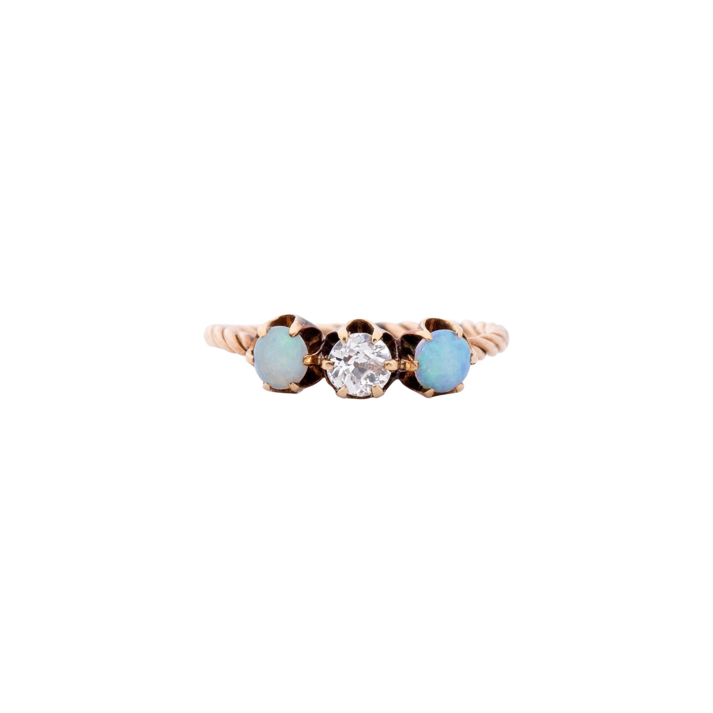 Victorian 14K Rose Gold Opal and Old European Cut Diamond Three Stone ...