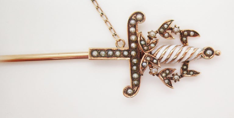 Victorian 14 Karat Rose Gold Seed Pearl and Enamel Sword Jabot Pin at ...