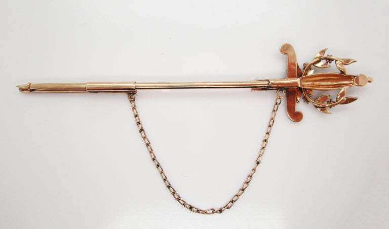 Victorian 14 Karat Rose Gold Seed Pearl and Enamel Sword Jabot Pin at ...