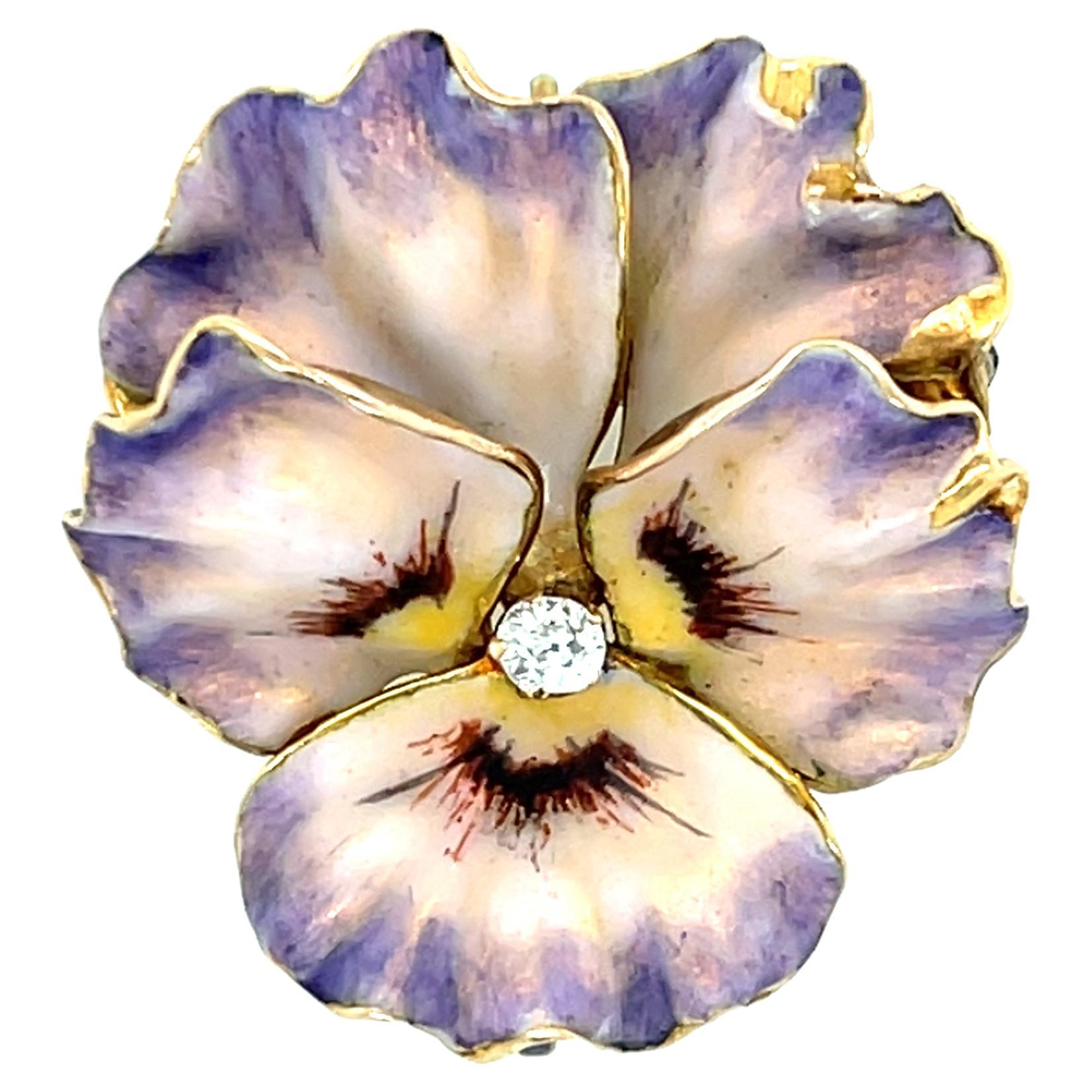 Antique 18K Yellow Gold Purple Pansy Enamel Brooch For Sale at 1stDibs