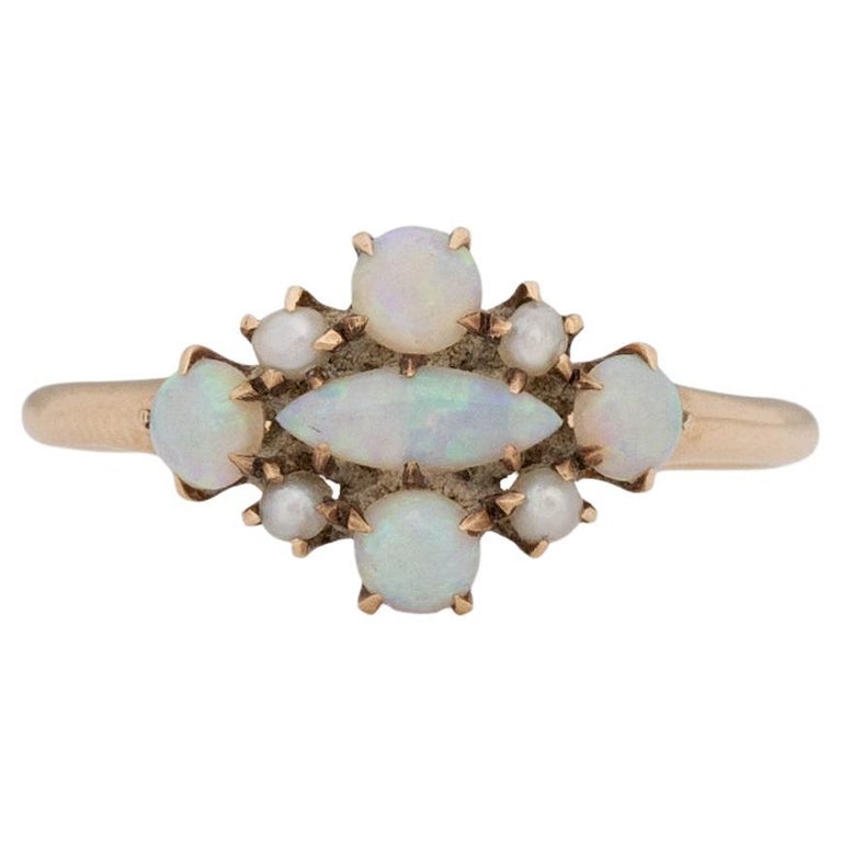 Victorian 14K Yellow Gold East West Diamond Shape Opal and Seed Pearl ...