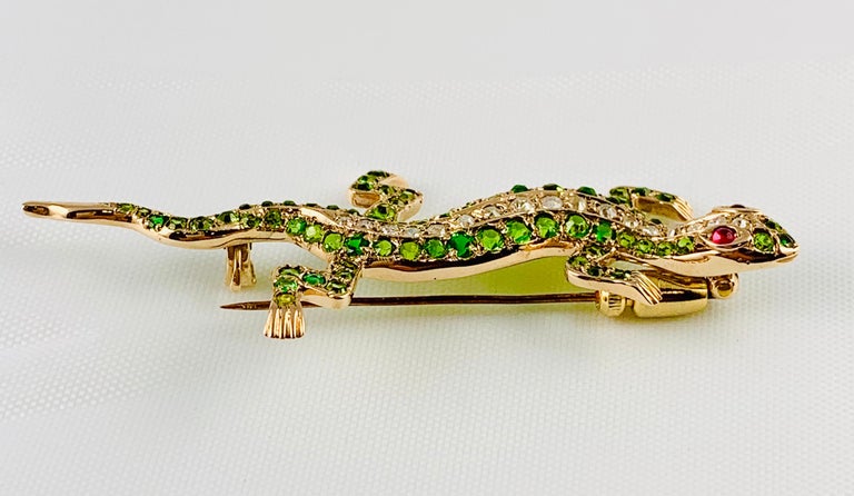 Victorian 14 Karat Yellow Gold Garnet Ruby and Diamond Lizard Brooch ...