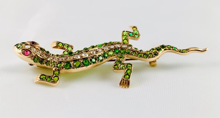 Victorian 14 Karat Yellow Gold Garnet Ruby and Diamond Lizard Brooch ...