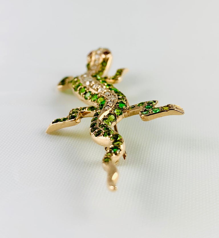 Victorian 14 Karat Yellow Gold Garnet Ruby and Diamond Lizard Brooch ...