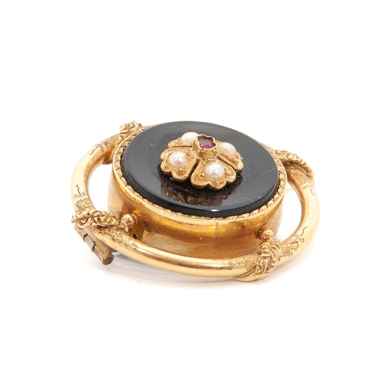Victorian Onyx Ruby Seed Pearl 14 Karat Gold Brooch at 1stDibs