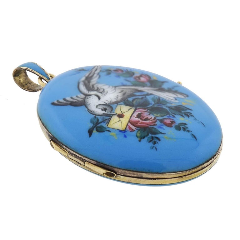Victorian 14 Karat Hand Painted Enameled "Bird and Love Letter" Locket ...