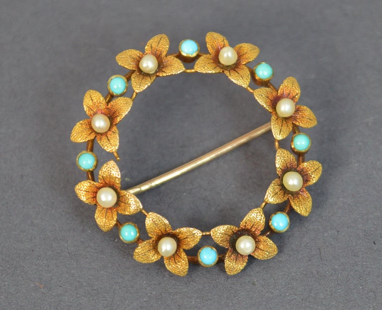 Victorian 15 Carat Gold Pearl Turquoise Flower Wreath Brooch at 1stDibs