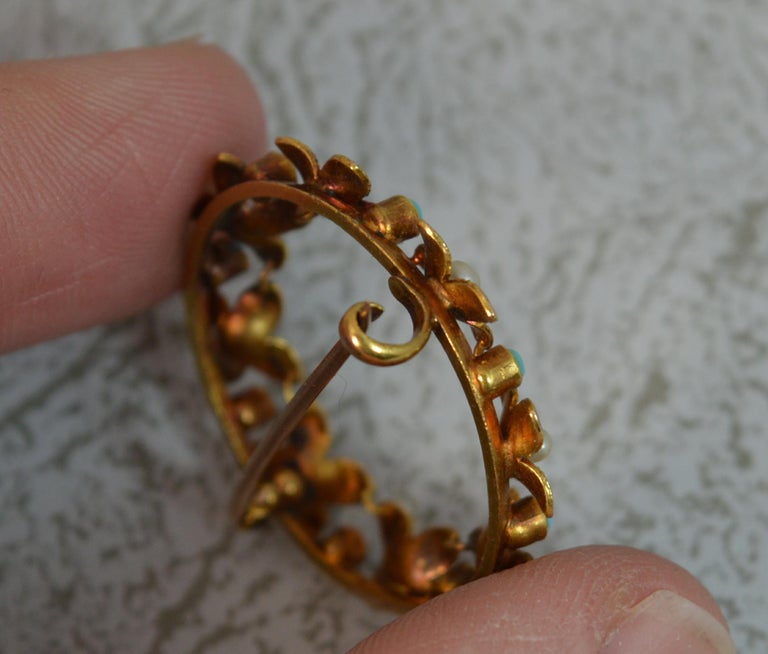 Victorian 15 Carat Gold Pearl Turquoise Flower Wreath Brooch at 1stDibs