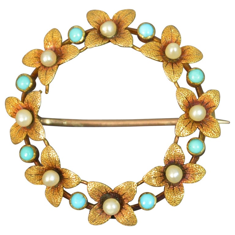 Victorian 15 Carat Gold Pearl Turquoise Flower Wreath Brooch at 1stDibs