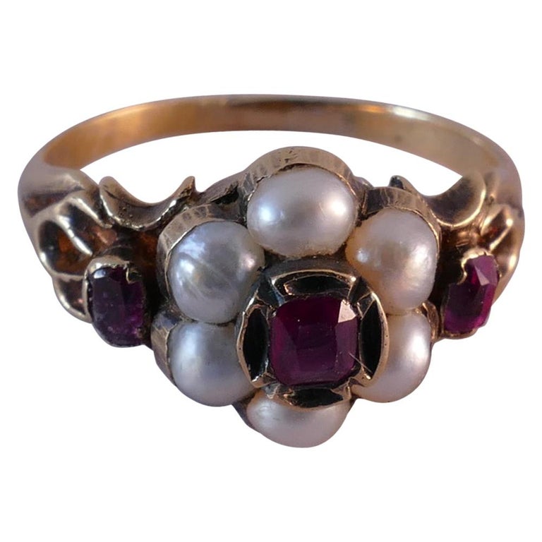 Victorian 15 Carat Ruby and Natural Pearl Cluster Ring at 1stDibs