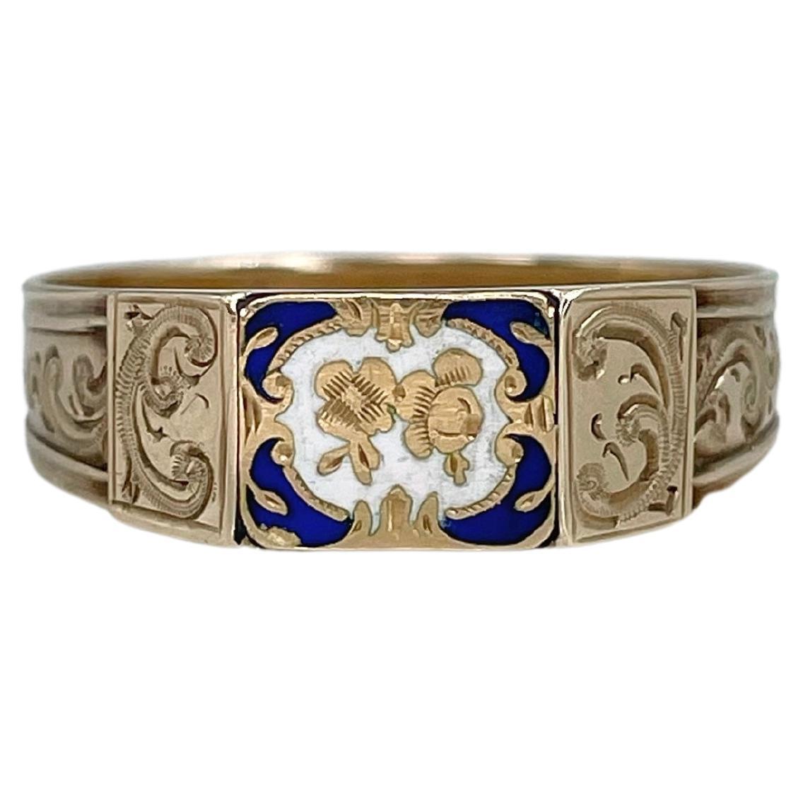 Victorian 15 Karat Gold Blue White Enamel Floral Motif Band Ring For ...