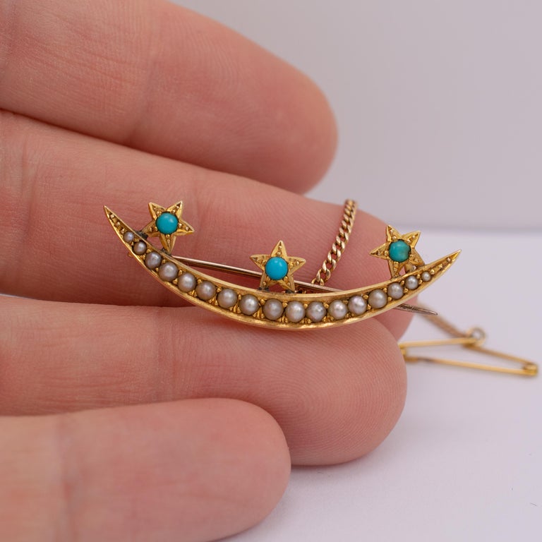 Victorian 15 Karat Gold Pearl Turquoise Moon Crest Star Brooch with ...