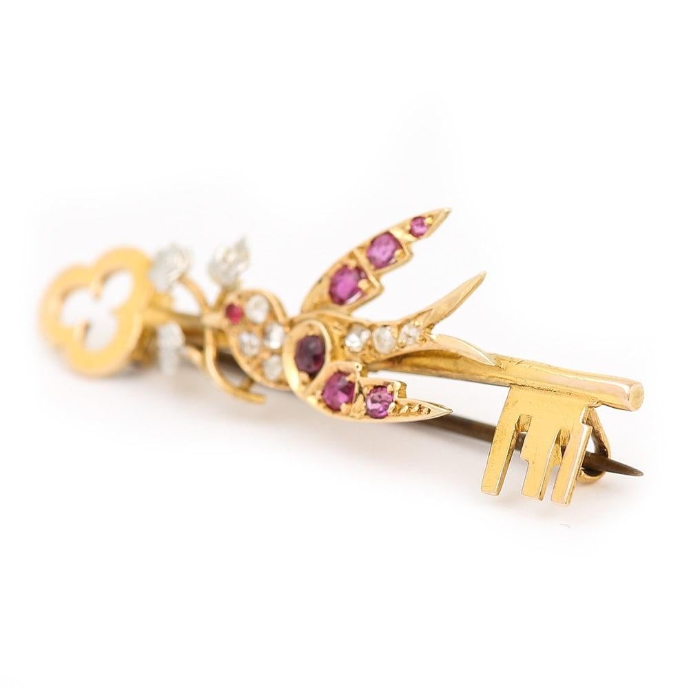 Victorian 15 Karat Yellow Gold Key with a Ruby and Diamond Swallow ...