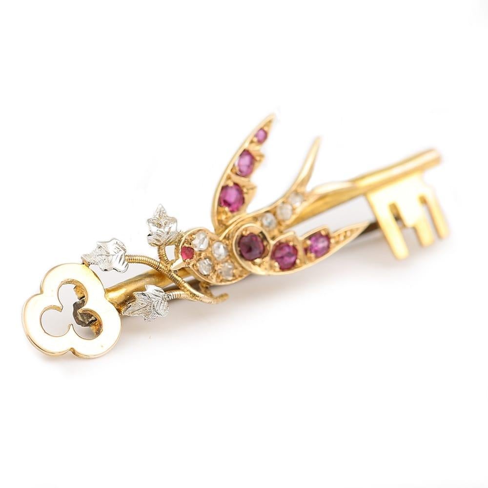 Victorian 15 Karat Yellow Gold Key with a Ruby and Diamond Swallow ...