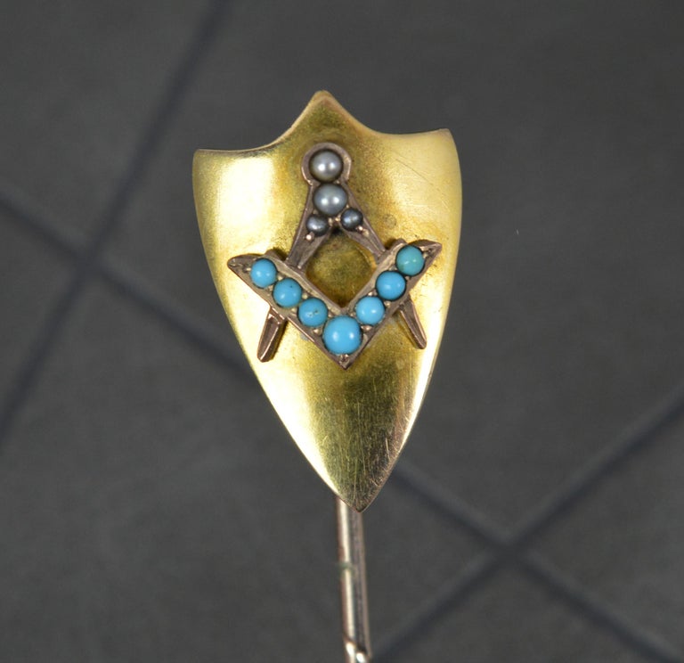 Victorian 15ct Gold Masonic Turquoise and Seed Pearl Shield Stick Tie ...