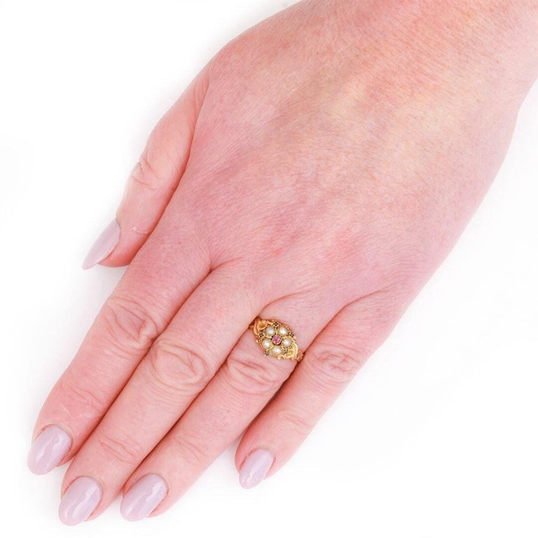 Victorian 15ct Gold Pink Sapphire, Pearl and Green Beryl Cluster Ring ...