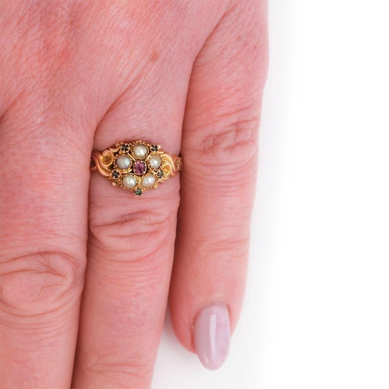 Victorian 15ct Gold Pink Sapphire, Pearl and Green Beryl Cluster Ring ...
