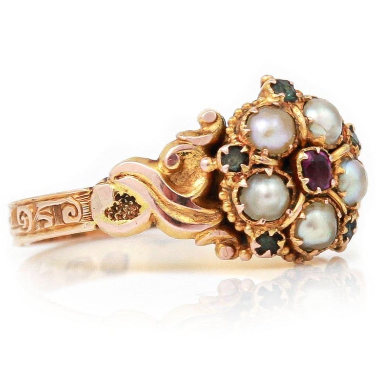 Victorian 15ct Gold Pink Sapphire, Pearl and Green Beryl Cluster Ring ...