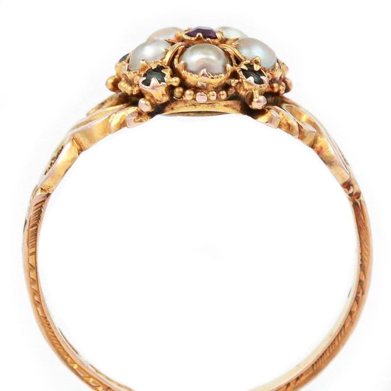 Victorian 15ct Gold Pink Sapphire, Pearl and Green Beryl Cluster Ring ...