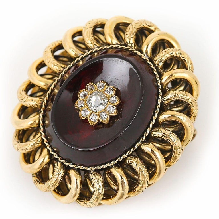 Victorian 15k Gold Oval Garnet and Old Cut Diamond Brooch circa 1870 ...