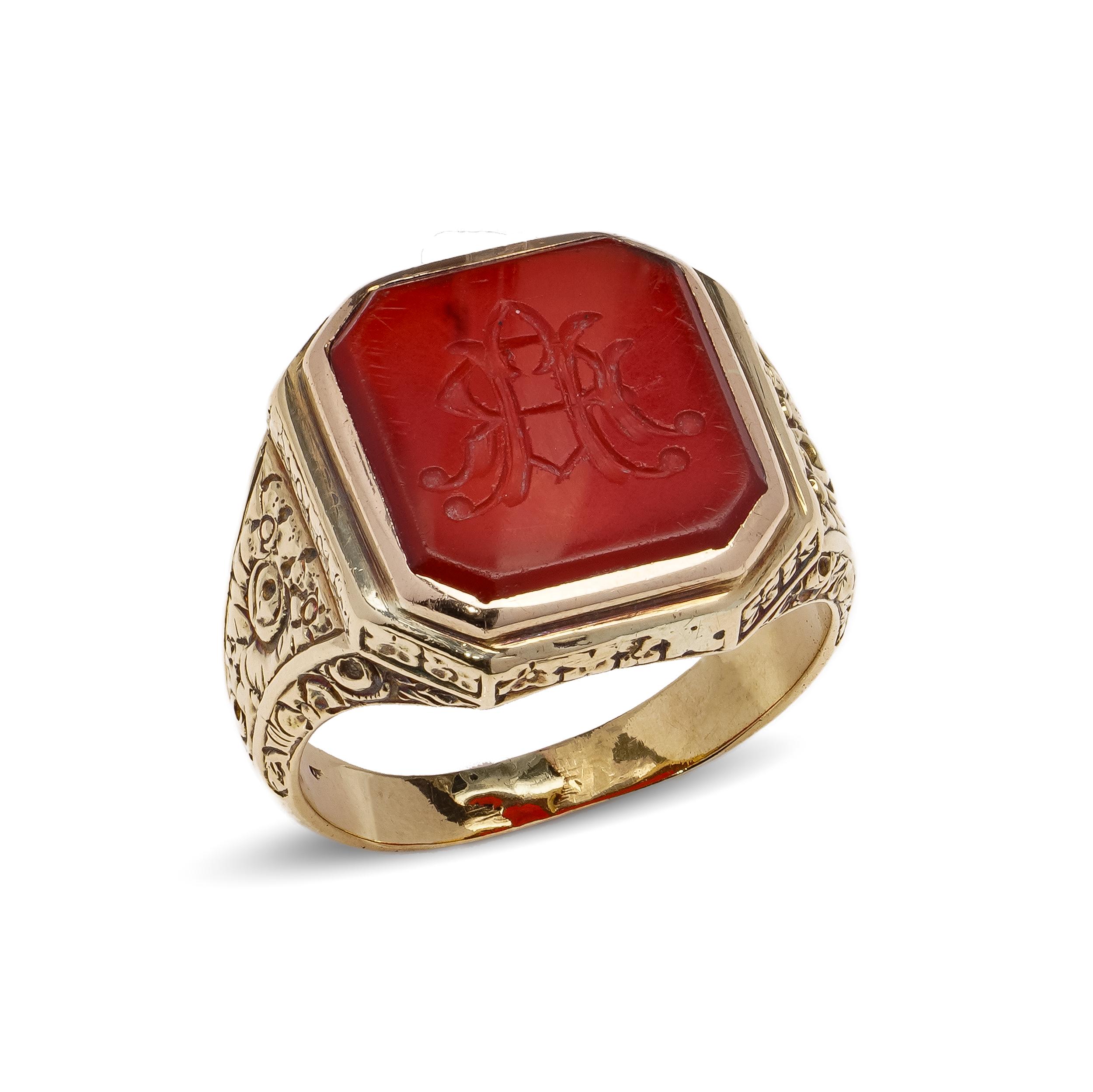 Victorian 15kt. gold signet ring with carnelian stone engraved with ...