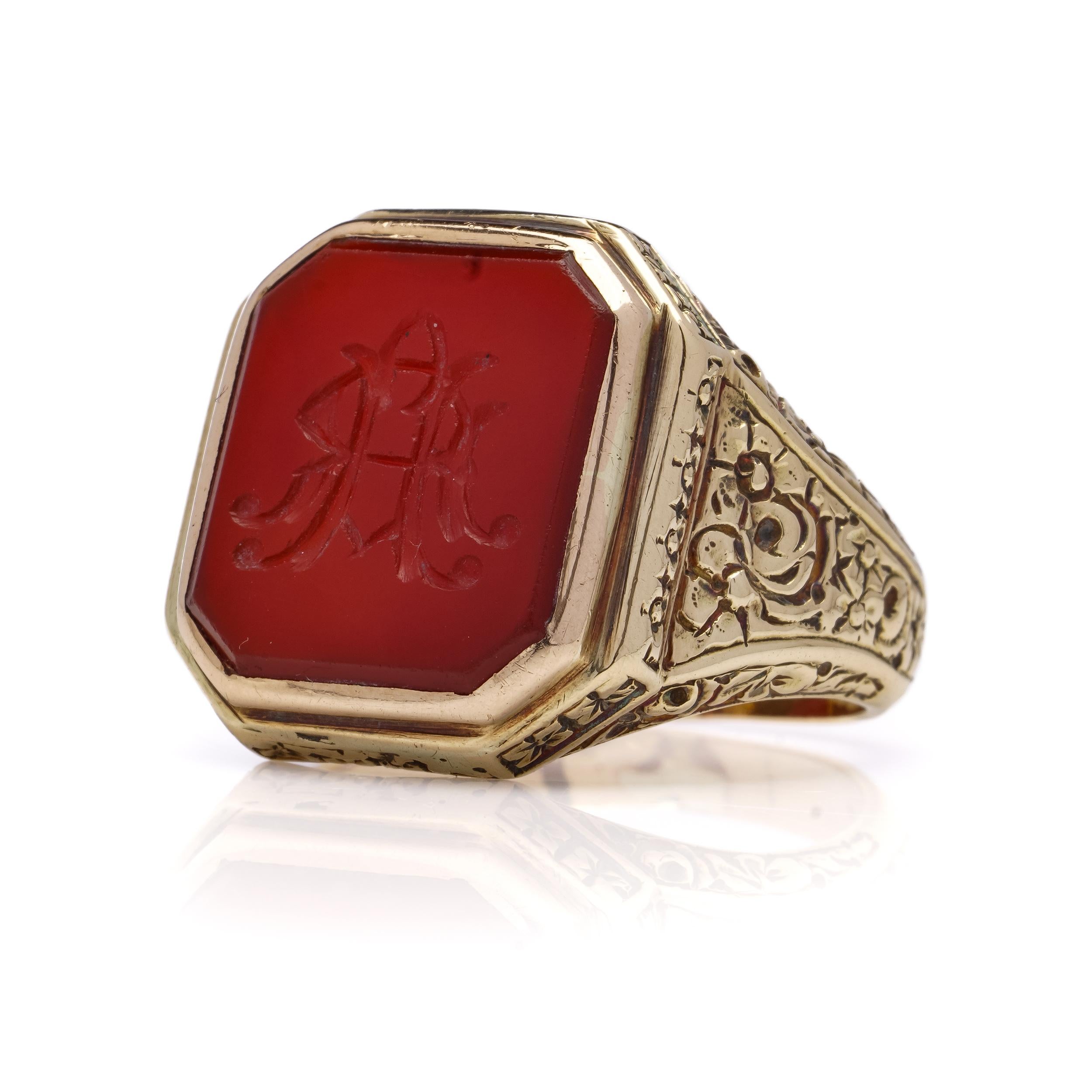 Victorian 15kt. gold signet ring with carnelian stone engraved with ...