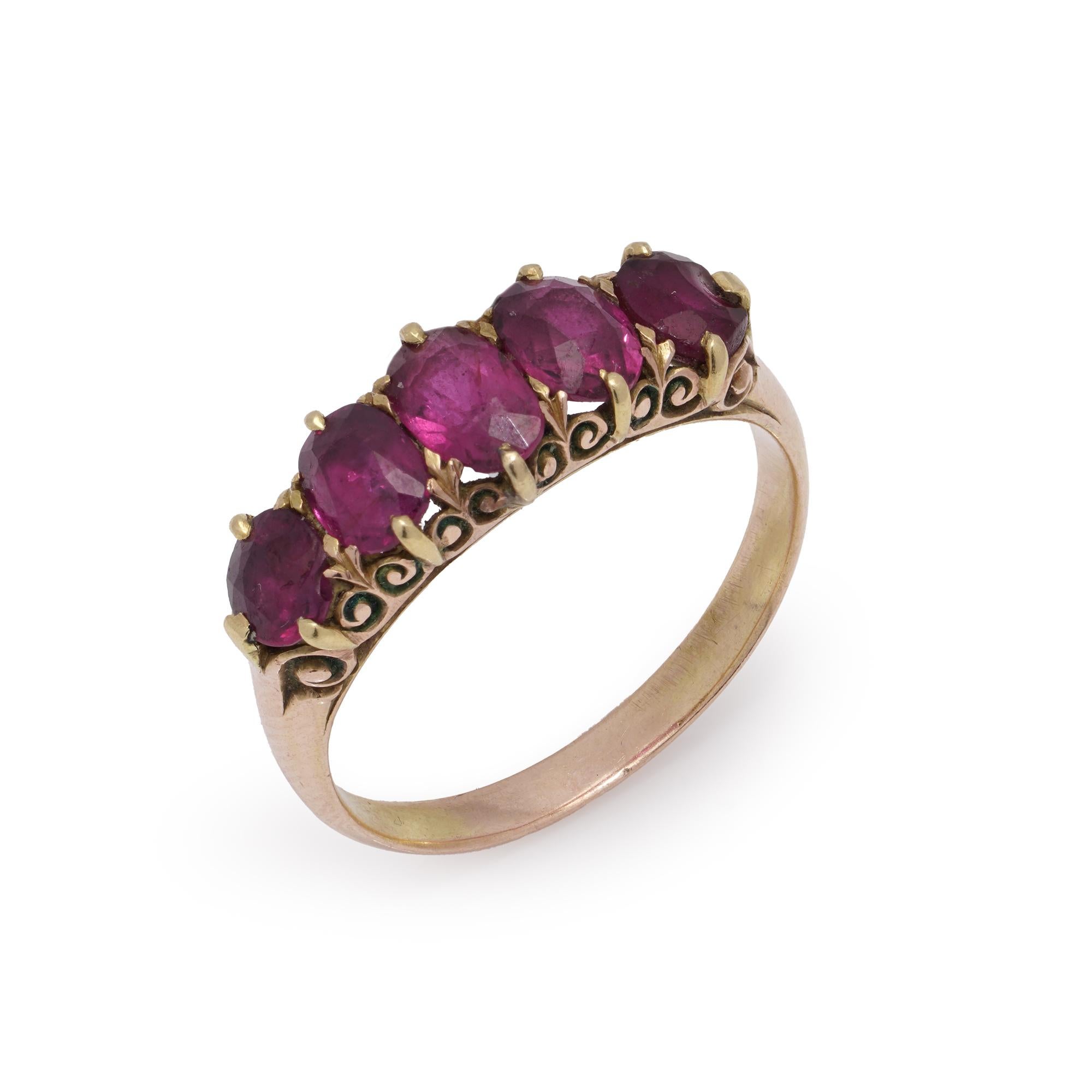 Victorian 15kt Pink Gold Five - stone ruby ring For Sale at 1stDibs