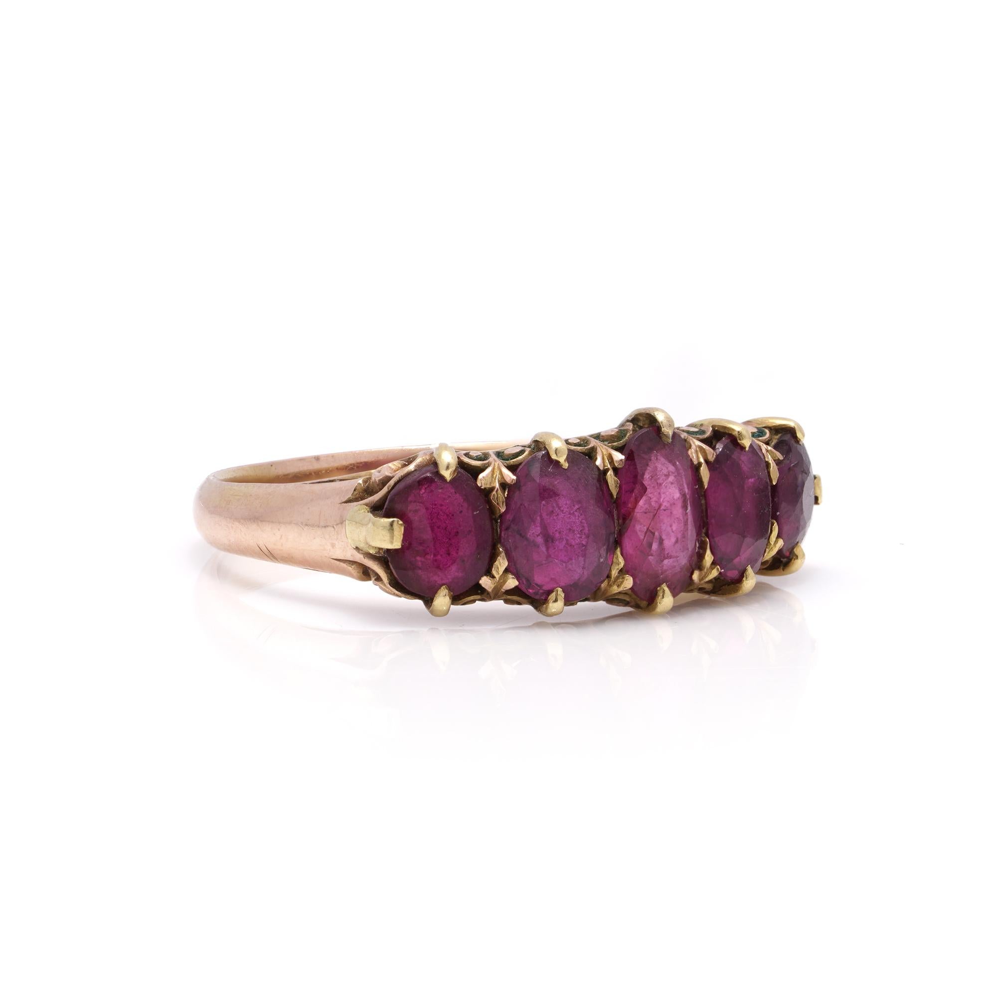 Victorian 15kt Pink Gold Five - stone ruby ring For Sale at 1stDibs