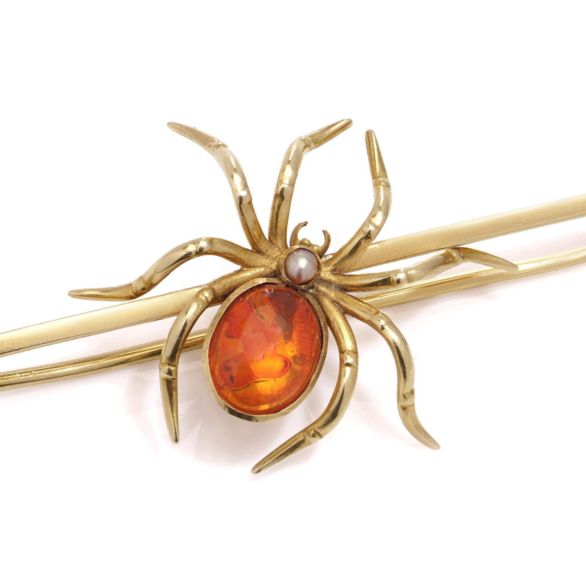 Victorian 15kt yellow gold bar pin spider brooch with fire opal and ...