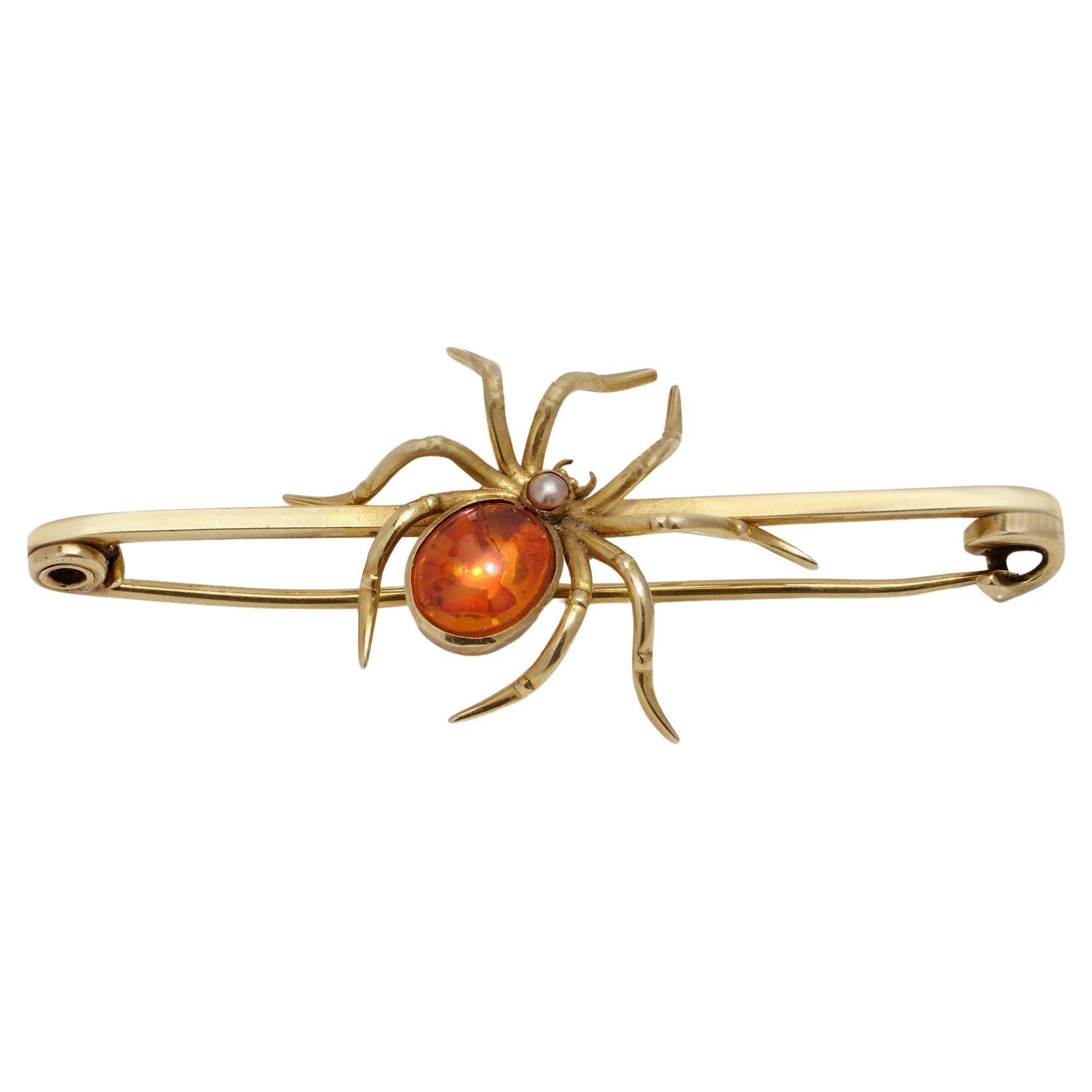 Victorian 15kt yellow gold bar pin spider brooch with fire opal and ...