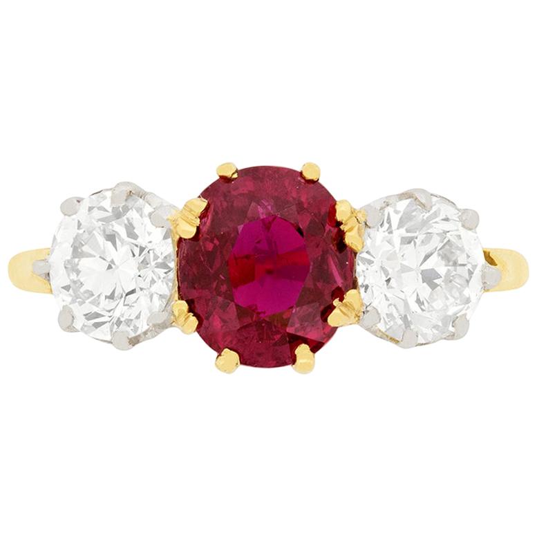 Victorian Three-Stone Ruby and Diamond Ring For Sale at 1stDibs