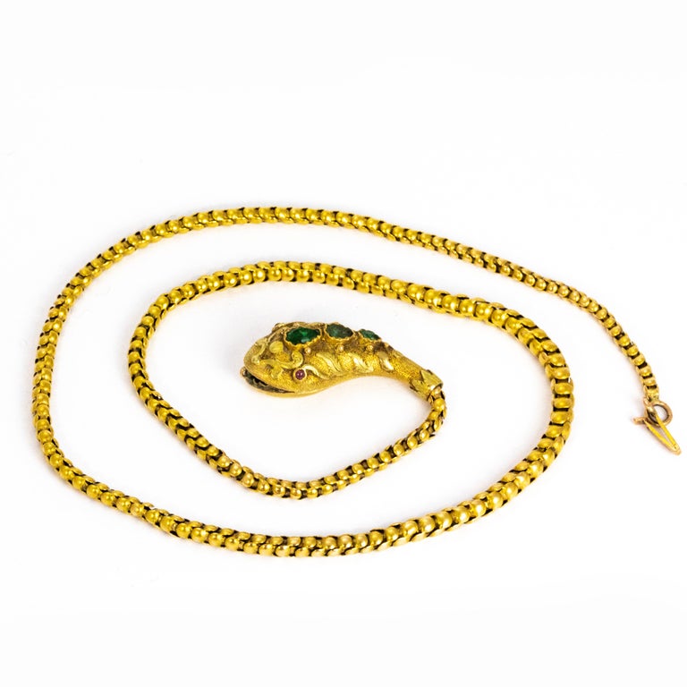 Victorian 18 Carat Gold Emerald and Ruby Snake Necklace at 1stDibs