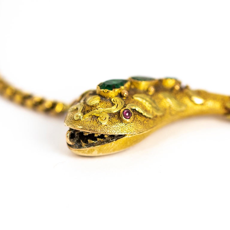 Victorian 18 Carat Gold Emerald and Ruby Snake Necklace at 1stDibs