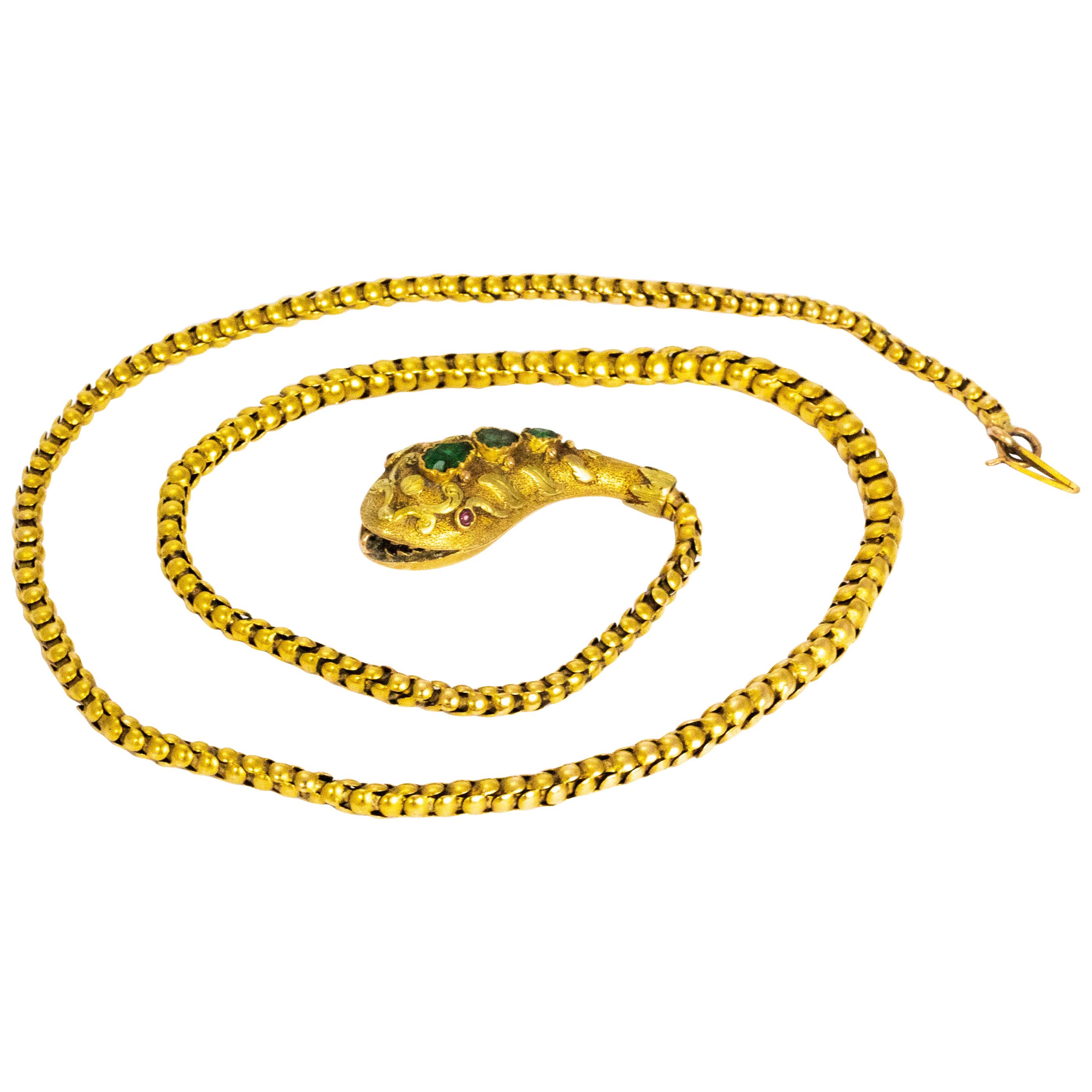 Victorian 18 Carat Gold Emerald and Ruby Snake Necklace at 1stDibs