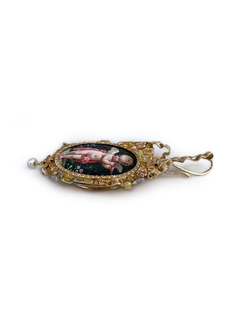 Victorian 18 Karat Gold Cherub Flute Miniature Portrait Enamel Locket ...