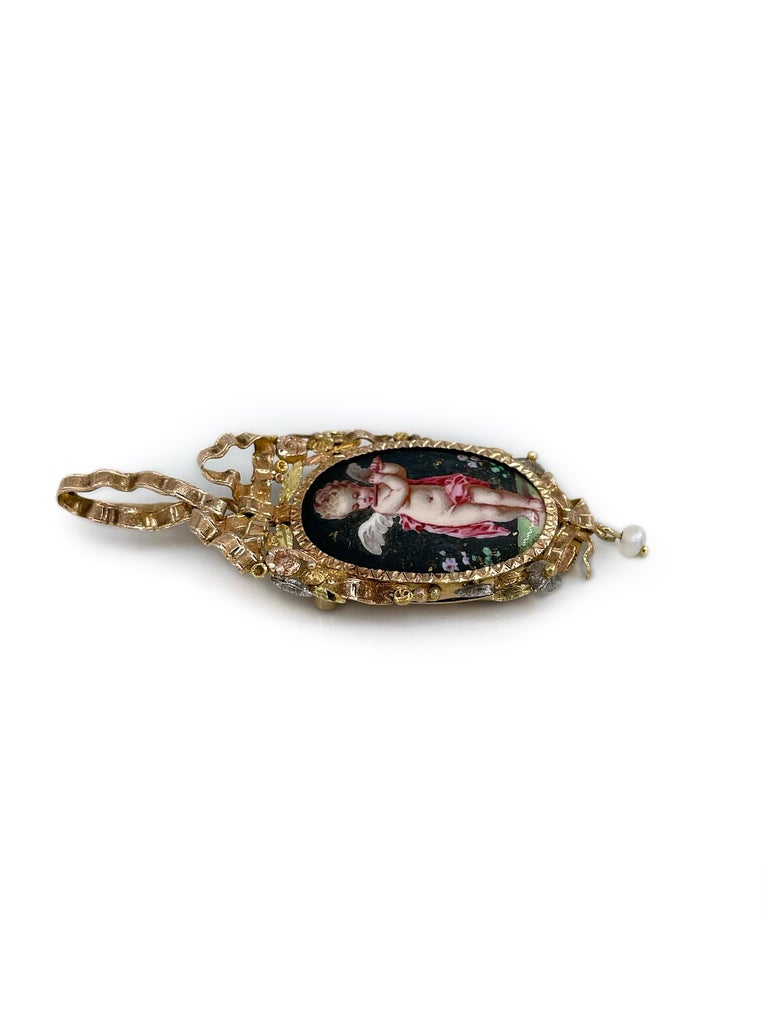 Victorian 18 Karat Gold Cherub Flute Miniature Portrait Enamel Locket ...