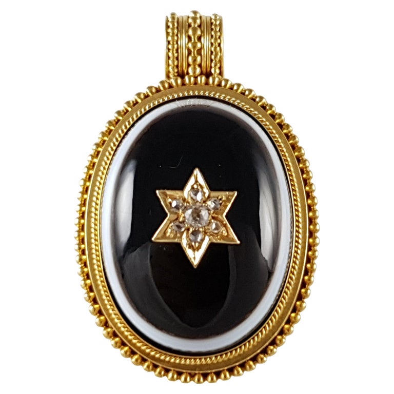 Victorian 18 Karat Gold Diamond and Bulls Eye Banded Agate Locket For ...
