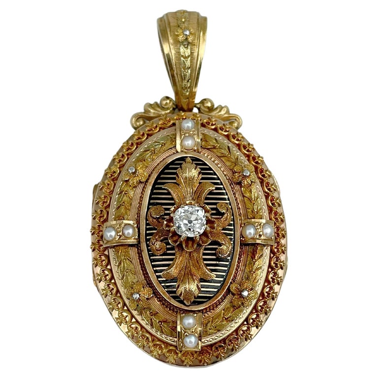 Victorian 18 Karat Gold Old Cut Diamond Seed Pearl Enamel Oval Locket ...