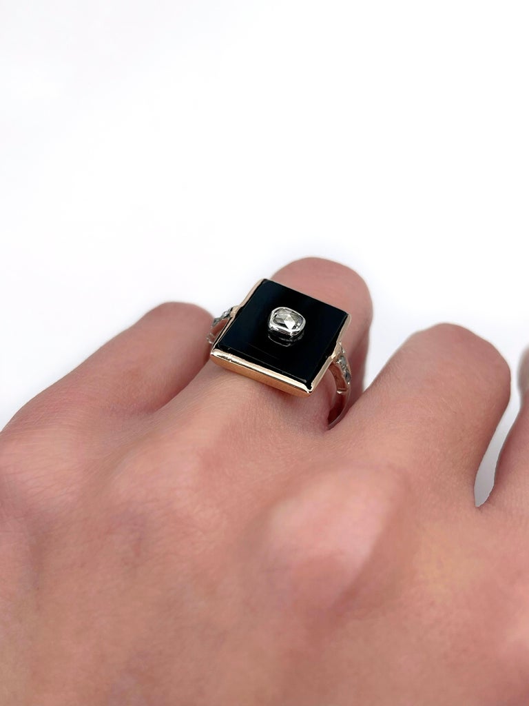 Victorian 18 Karat Gold Onyx Rose Cut Diamond Rectangle Signet Ring For Sale at 1stDibs