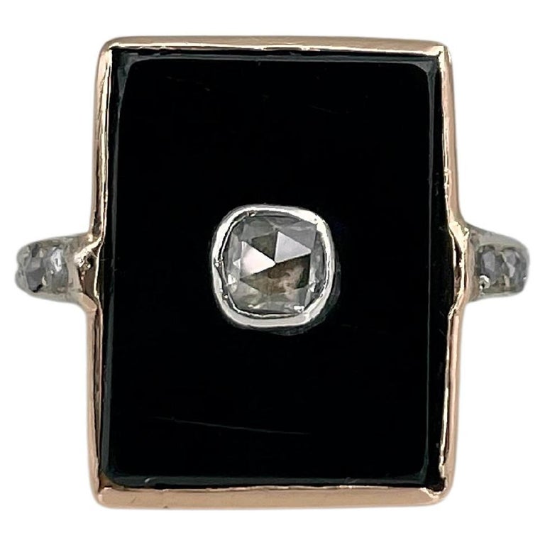 Victorian 18 Karat Gold Onyx Rose Cut Diamond Rectangle Signet Ring For Sale at 1stDibs