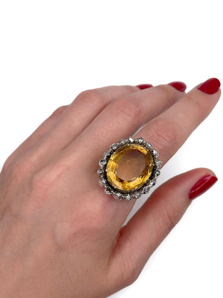 Victorian 18 Karat Gold Oval Faceted Citrine Rose Cut Diamond Cocktail Ring For Sale at 1stDibs