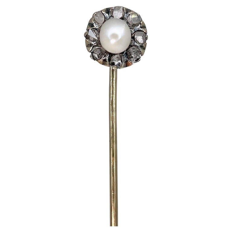 Victorian 18 Karat Gold Pearl Rose Cut Diamond Cluster Stick Pin Brooch ...