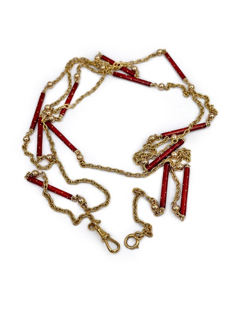 Victorian 18 Karat Gold Red Enamel Barrel Long Chain Necklace For Sale ...