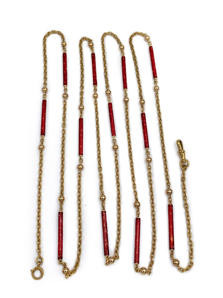 Victorian 18 Karat Gold Red Enamel Barrel Long Chain Necklace For Sale ...