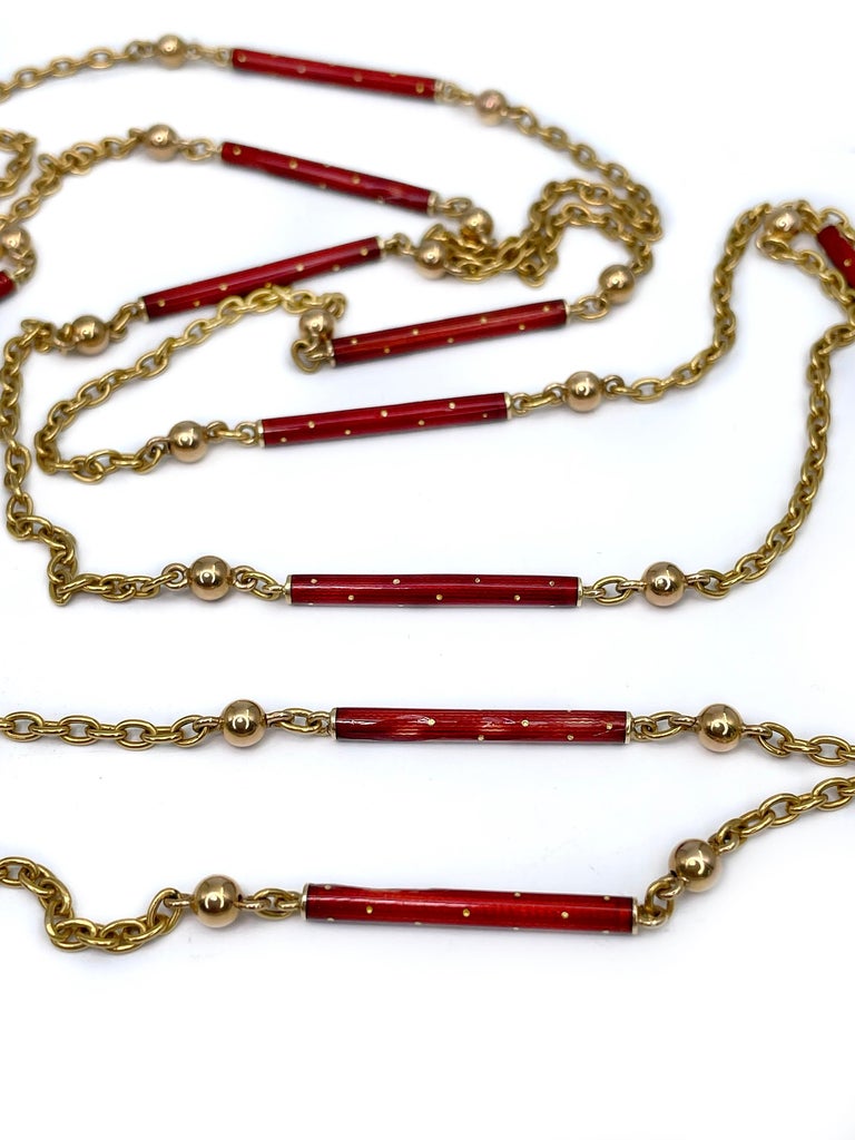 Victorian 18 Karat Gold Red Enamel Barrel Long Chain Necklace For Sale ...