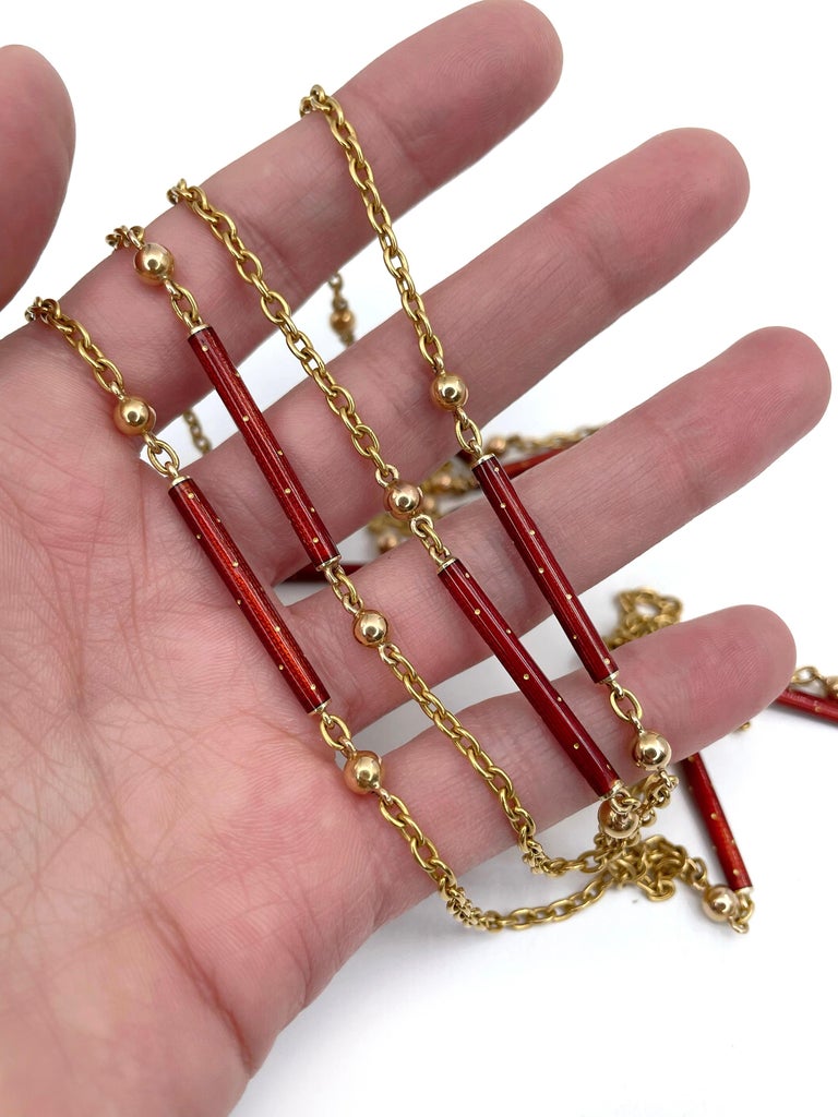 Victorian 18 Karat Gold Red Enamel Barrel Long Chain Necklace For Sale ...