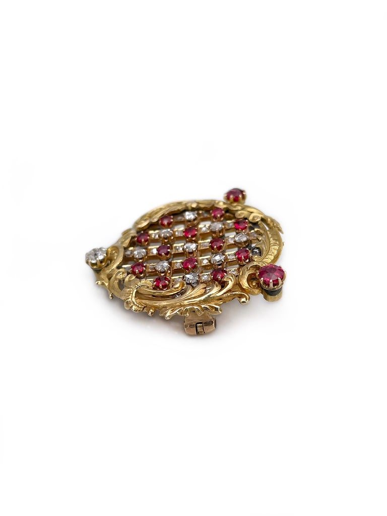 Victorian 18 Karat Gold Rose Cut Diamond Spinel Openwork Round Pin ...