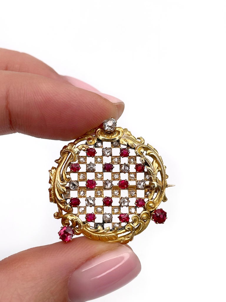 Victorian 18 Karat Gold Rose Cut Diamond Spinel Openwork Round Pin ...